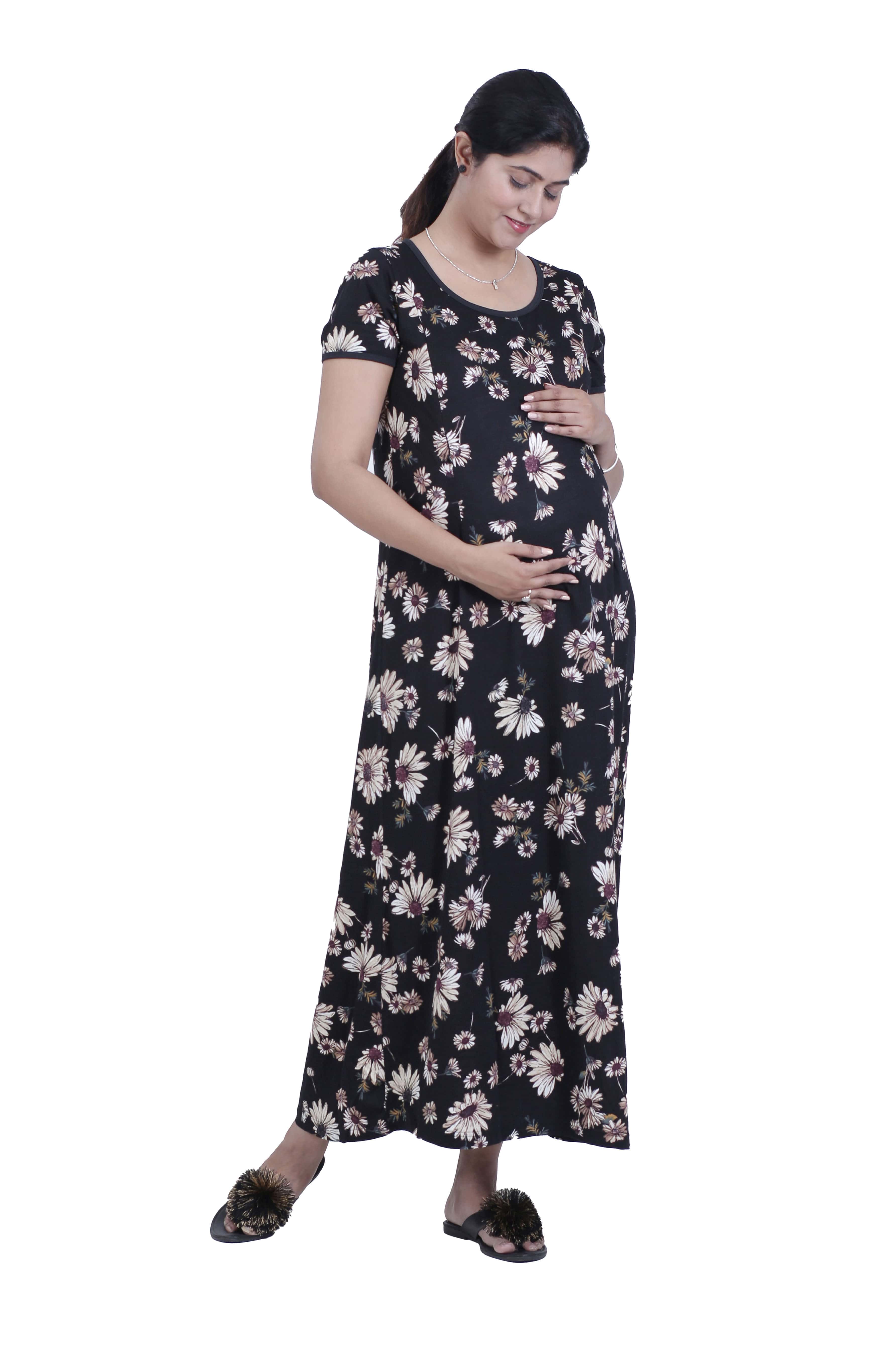 Black floral stretchable feeding nighty